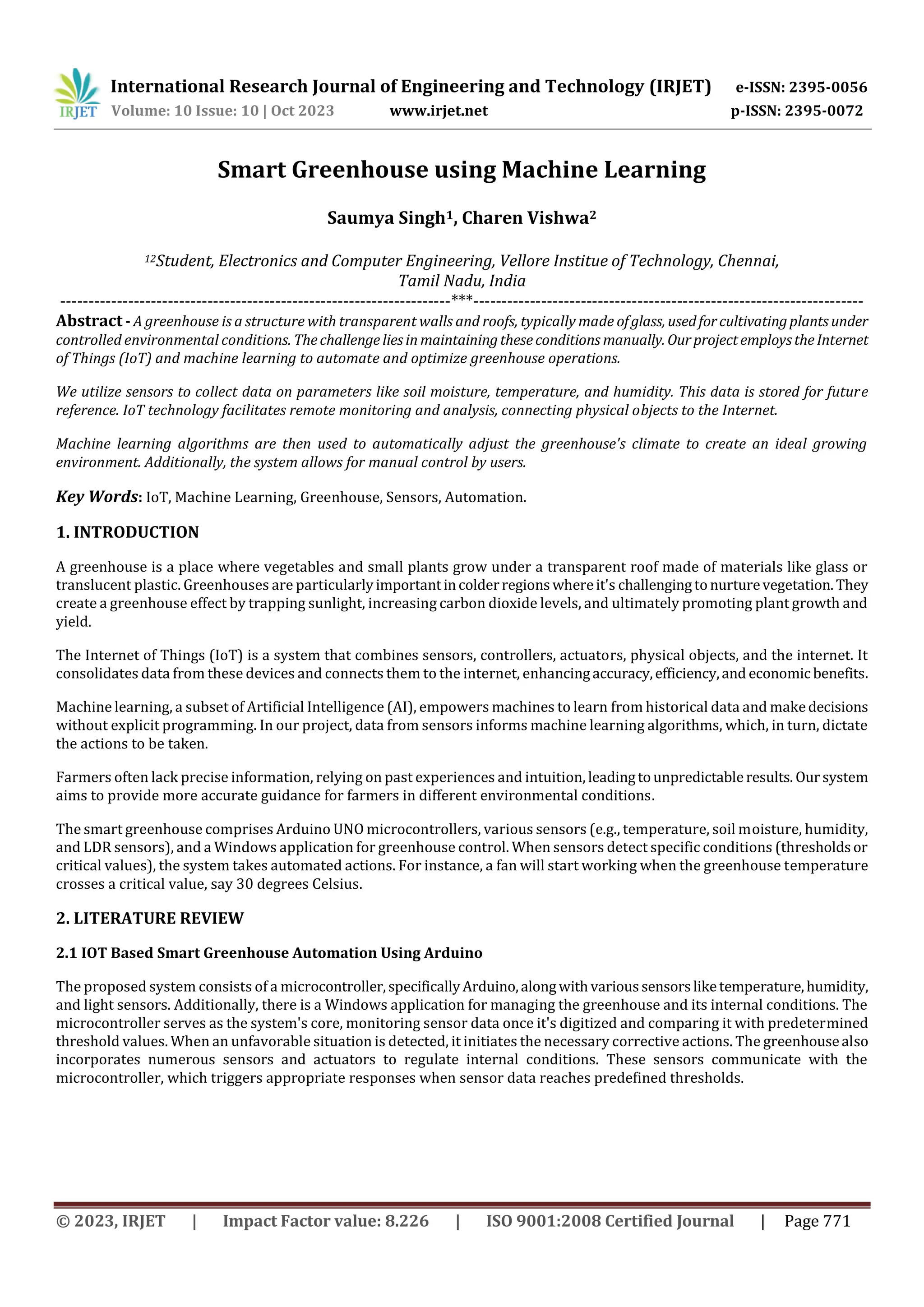 Smart Greenhouse using Machine Learning | PDF