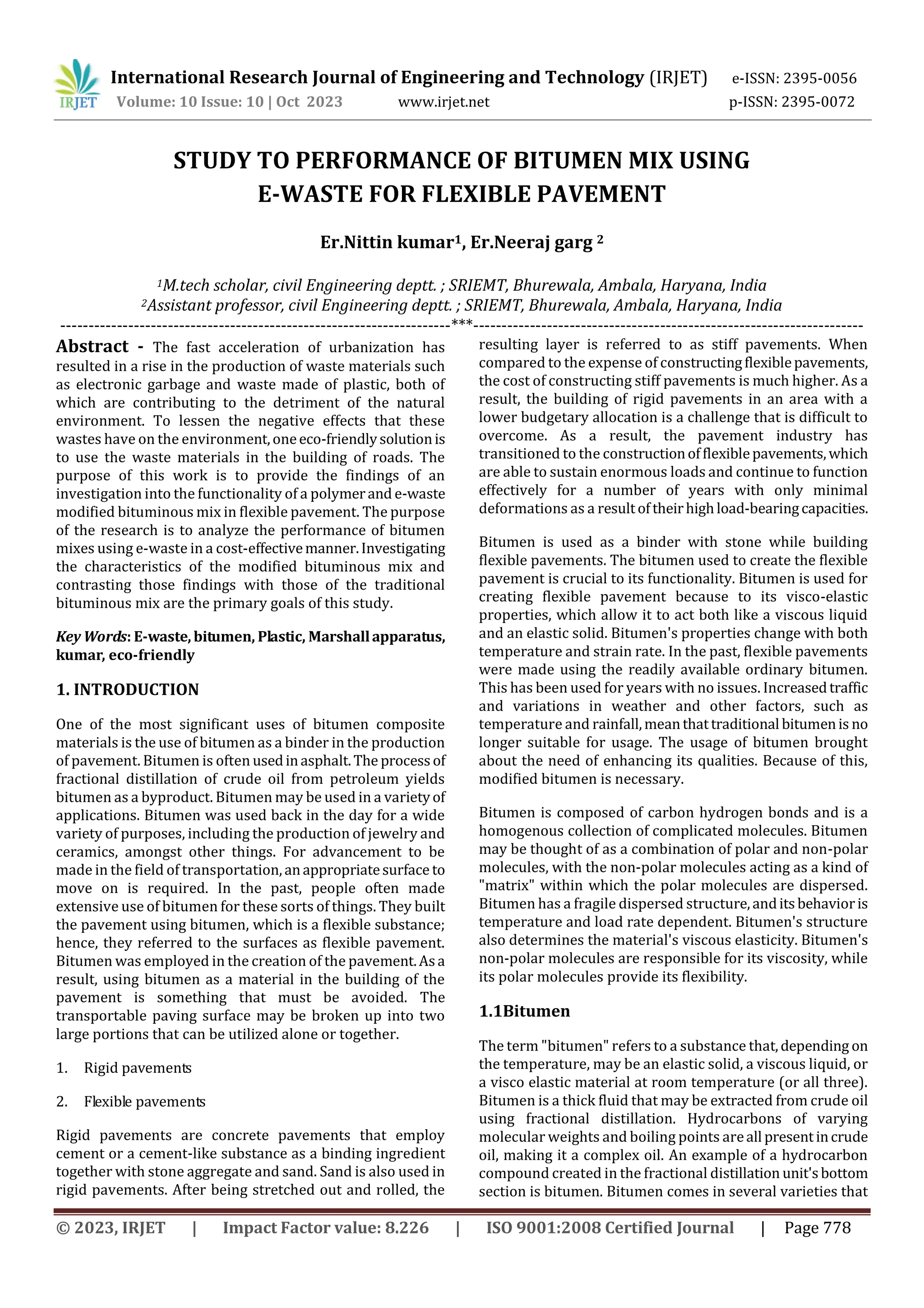 STUDY TO PERFORMANCE OF BITUMEN MIX USING E-WASTE FOR FLEXIBLE PAVEMENT | PDF