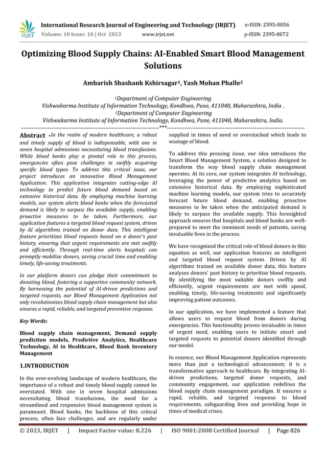 Optimizing Blood Supply Chains: AI-Enabled Smart Blood Management Solutions | PDF