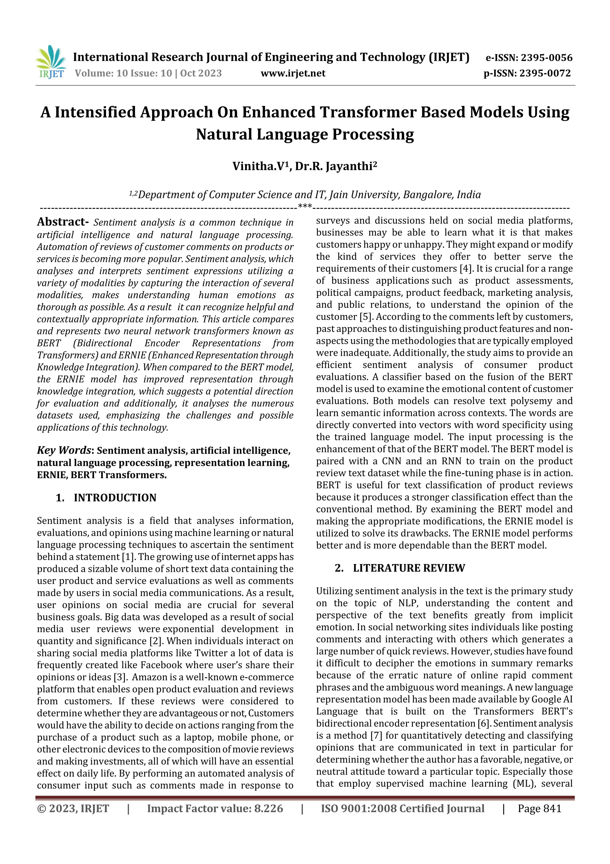 A Intensified Approach On Enhanced Transformer Based Models Using Natural Language Processing | PDF
