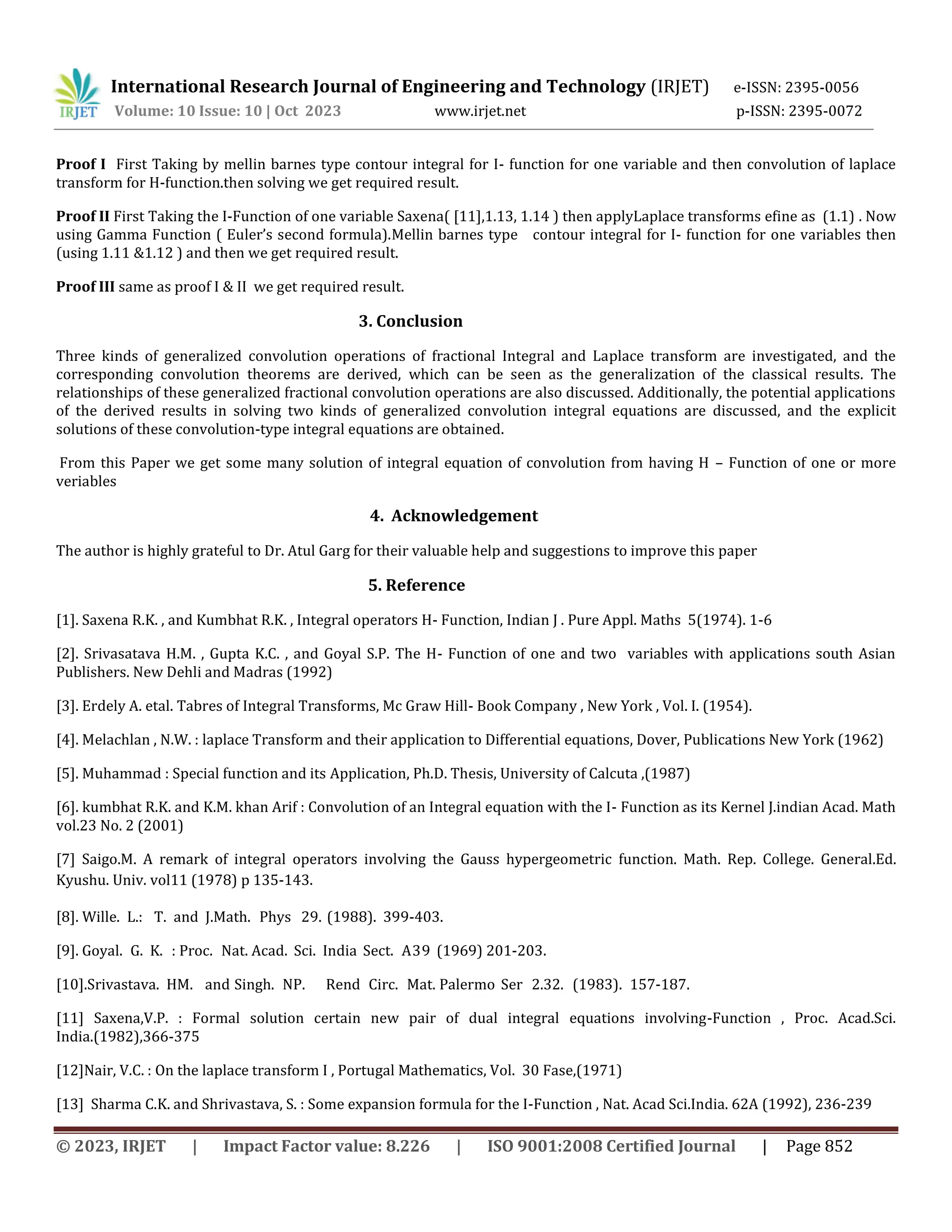 Convolution of an Fractional integral equation with the I-function as ...
