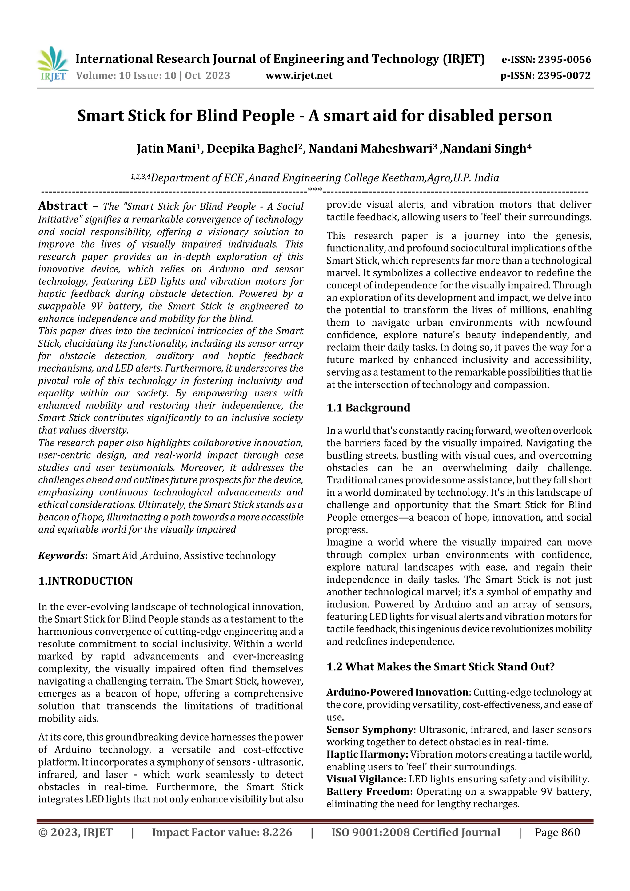 Smart Stick for Blind People - A smart aid for disabled person | PDF