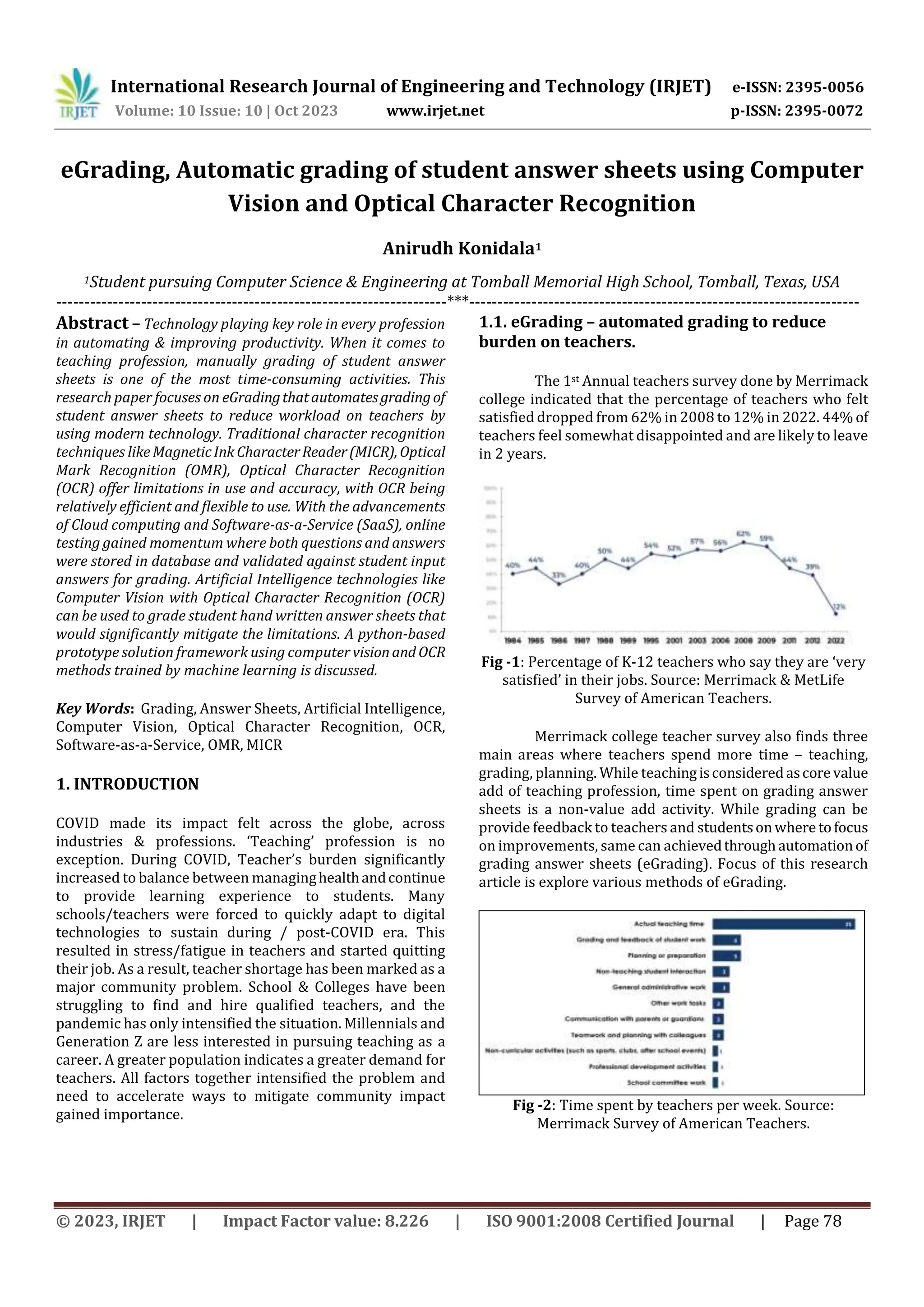 eGrading, Automatic grading of student answer sheets using Computer Vision and Optical Character ...