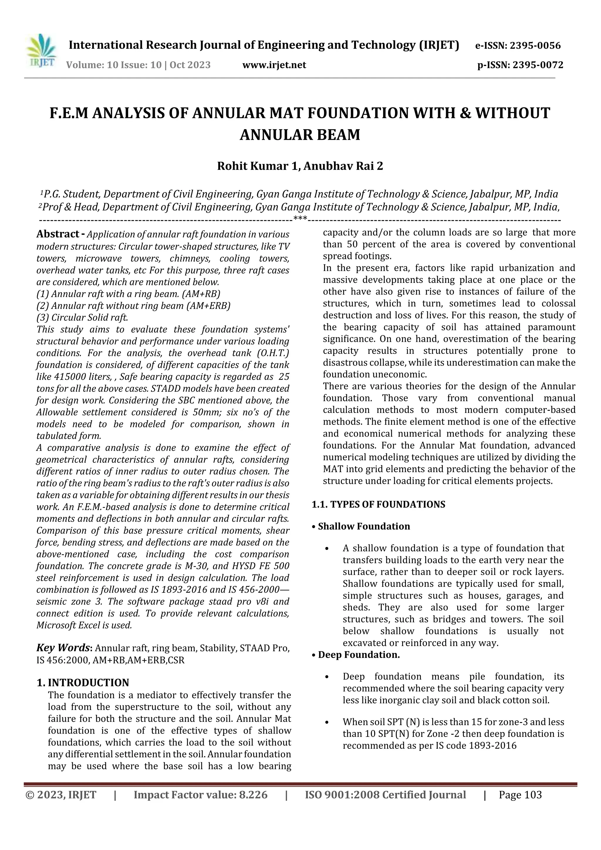 F.E.M ANALYSIS OF ANNULAR MAT FOUNDATION WITH & WITHOUT ANNULAR BEAM | PDF