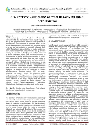 BINARY TEXT CLASSIFICATION OF CYBER HARASSMENT USING DEEP LEARNING | PDF | Social Networking ...