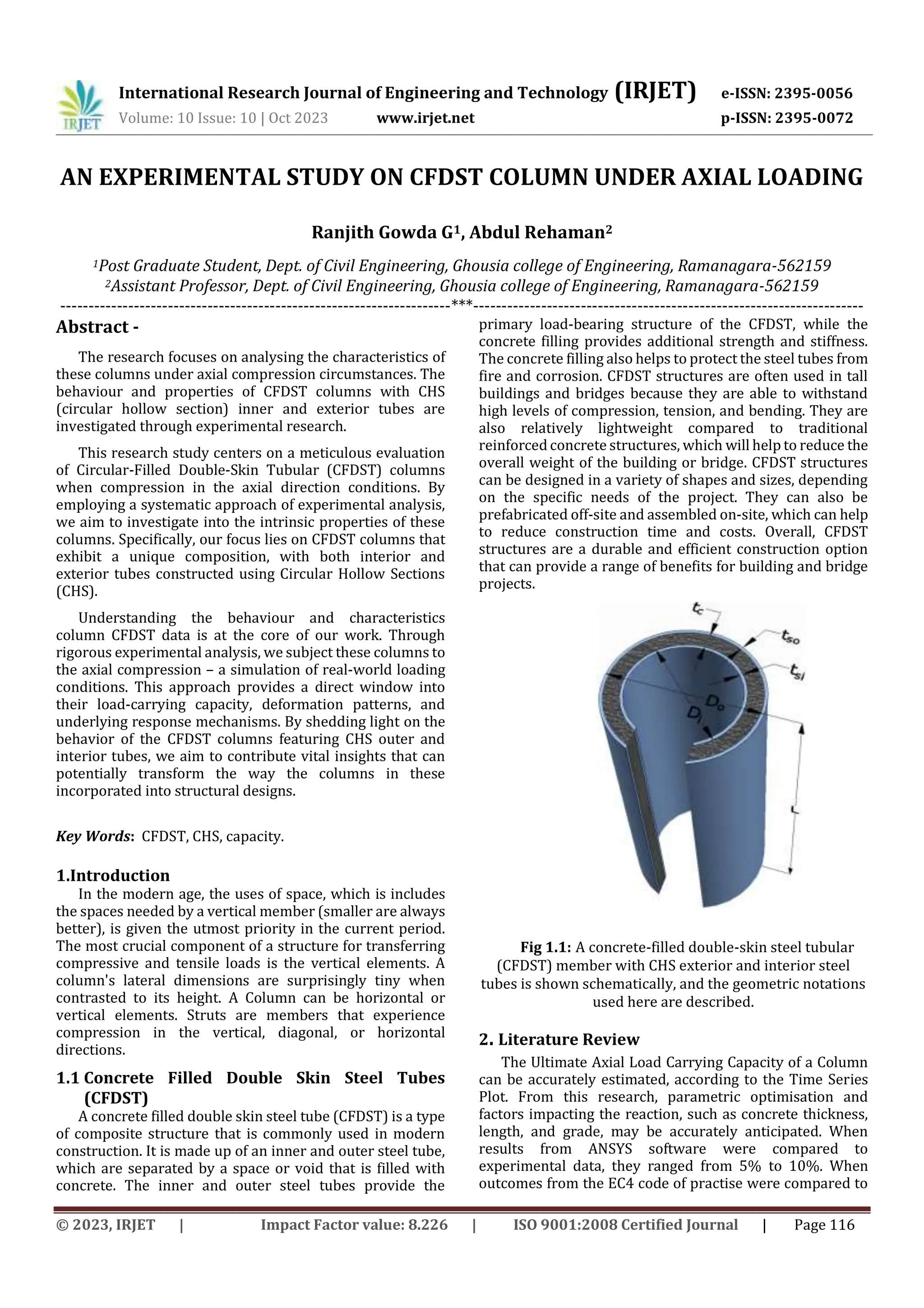 AN EXPERIMENTAL STUDY ON CFDST COLUMN UNDER AXIAL LOADING | PDF