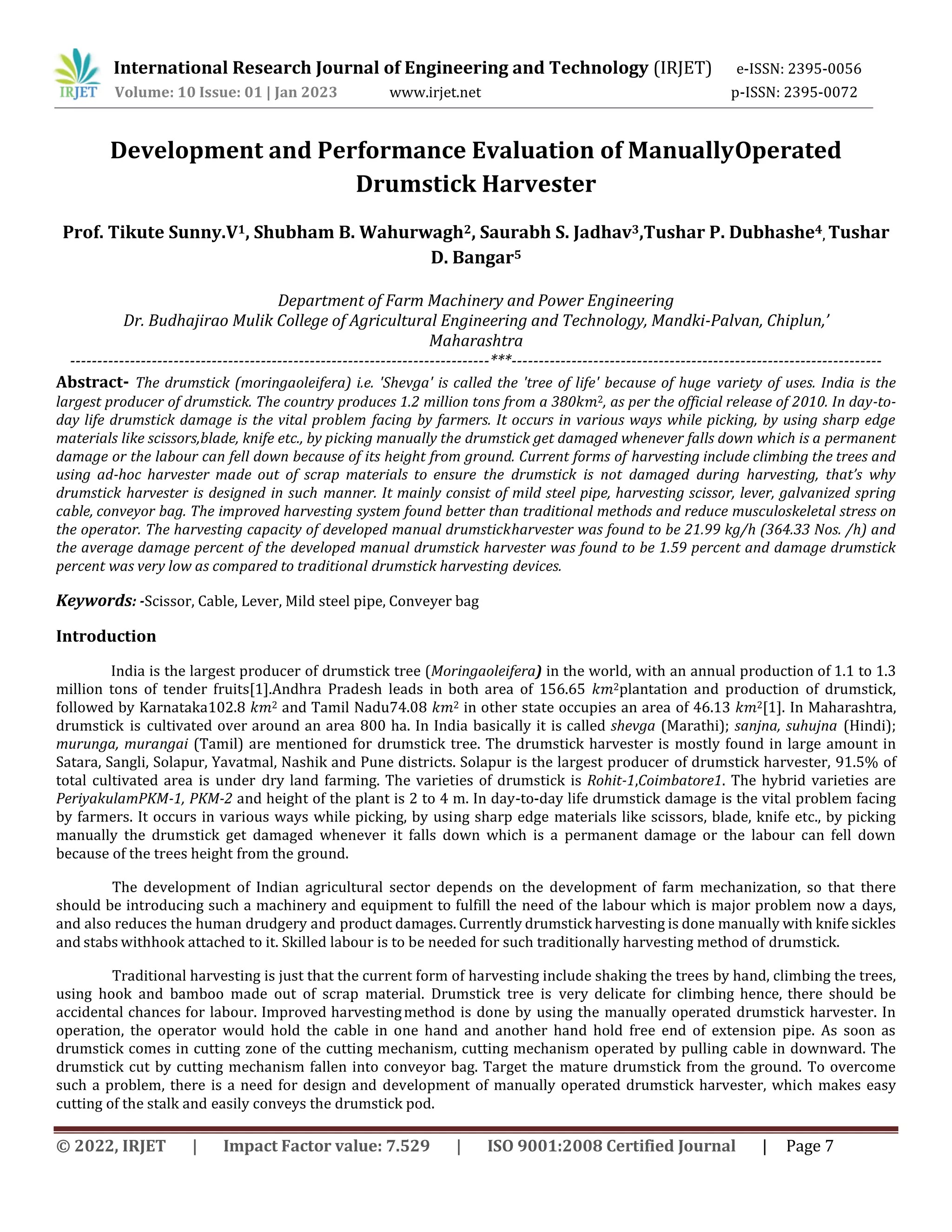 Development and Performance Evaluation of Manually Operated Drumstick ...