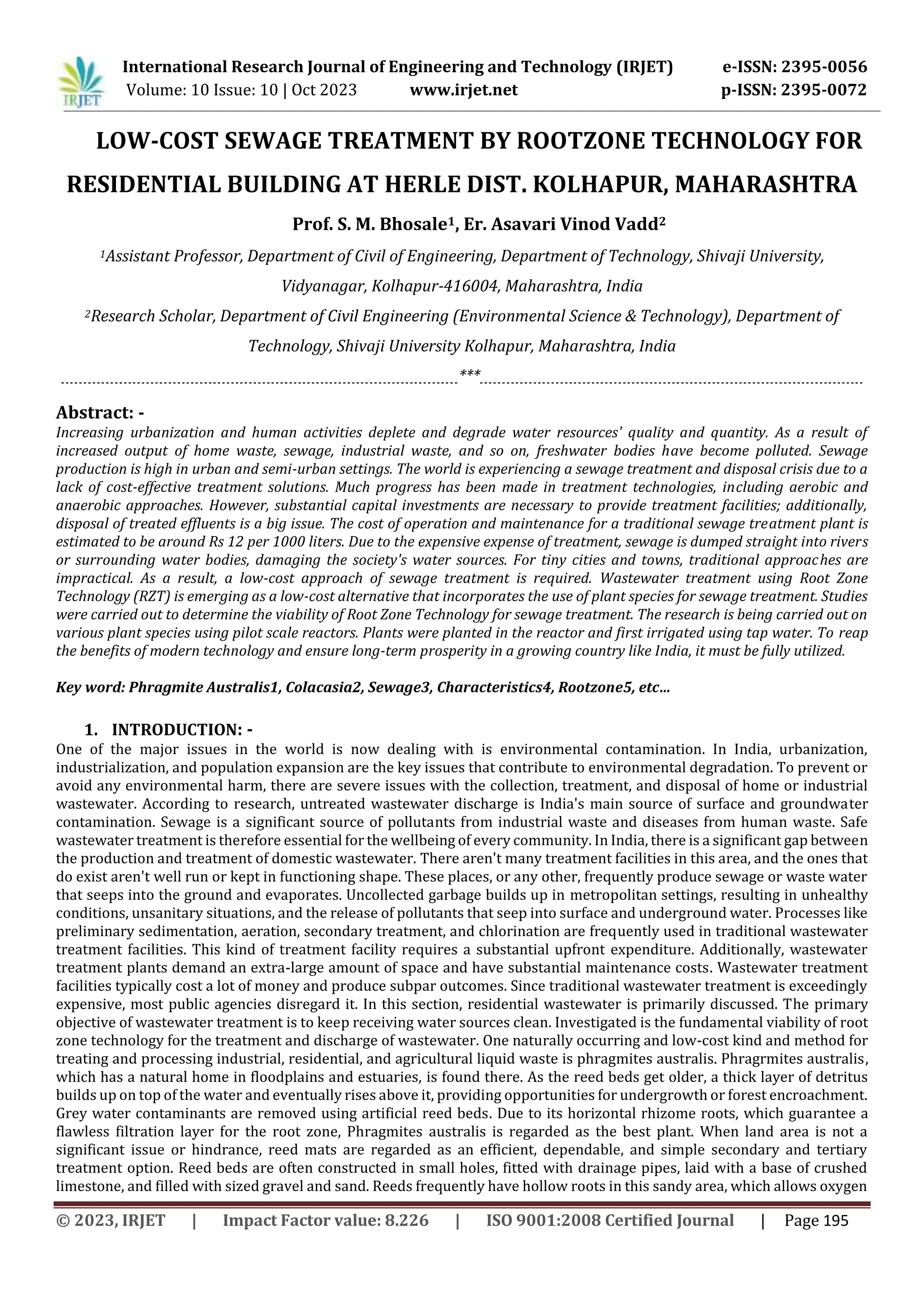 LOW-COST SEWAGE TREATMENT BY ROOTZONE TECHNOLOGY FOR RESIDENTIAL BUILDING AT HERLE DIST ...