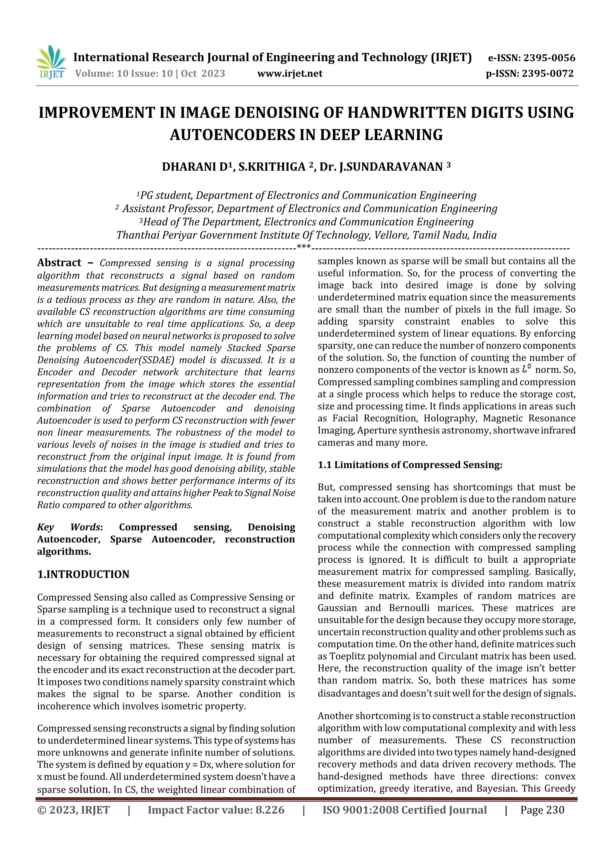 IMPROVEMENT IN IMAGE DENOISING OF HANDWRITTEN DIGITS USING AUTOENCODERS IN DEEP LEARNING | PDF