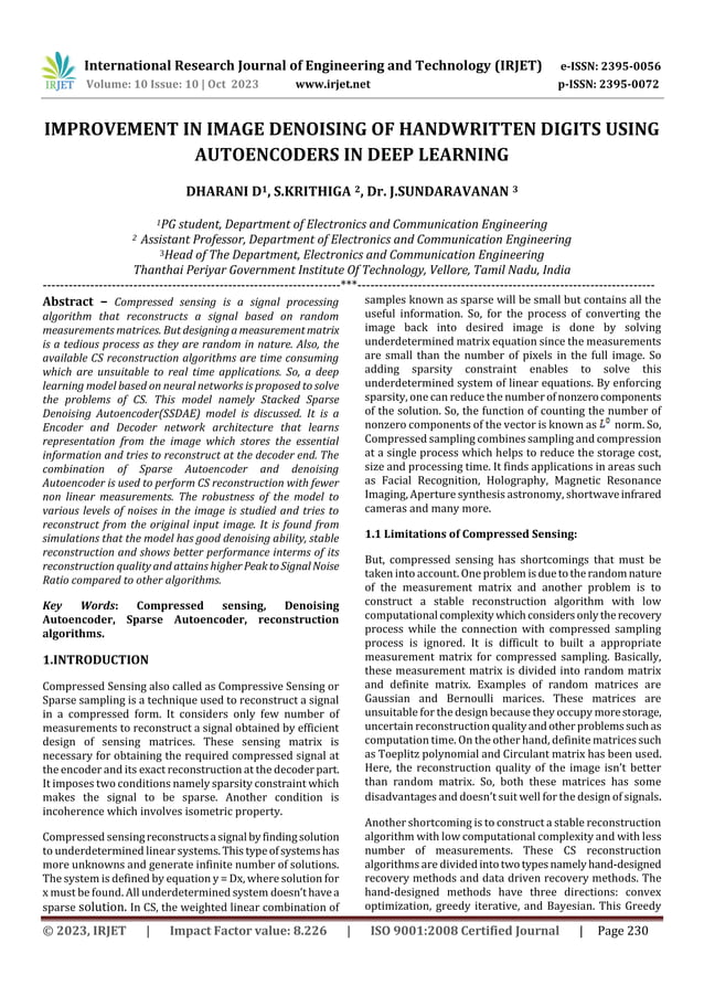 IMPROVEMENT IN IMAGE DENOISING OF HANDWRITTEN DIGITS USING AUTOENCODERS IN DEEP LEARNING | PDF