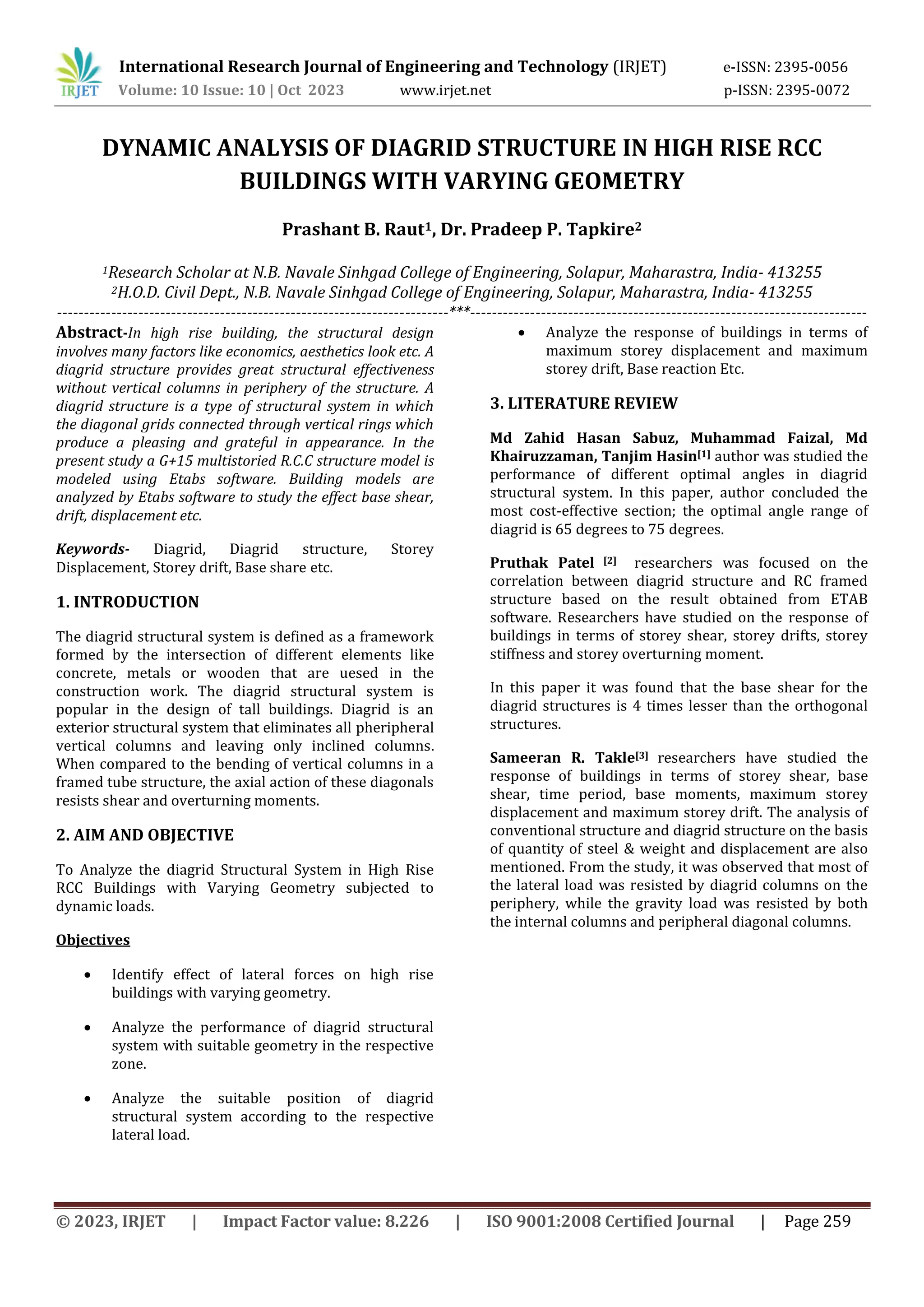 DYNAMIC ANALYSIS OF DIAGRID STRUCTURE IN HIGH RISE RCC BUILDINGS WITH VARYING GEOMETRY | PDF