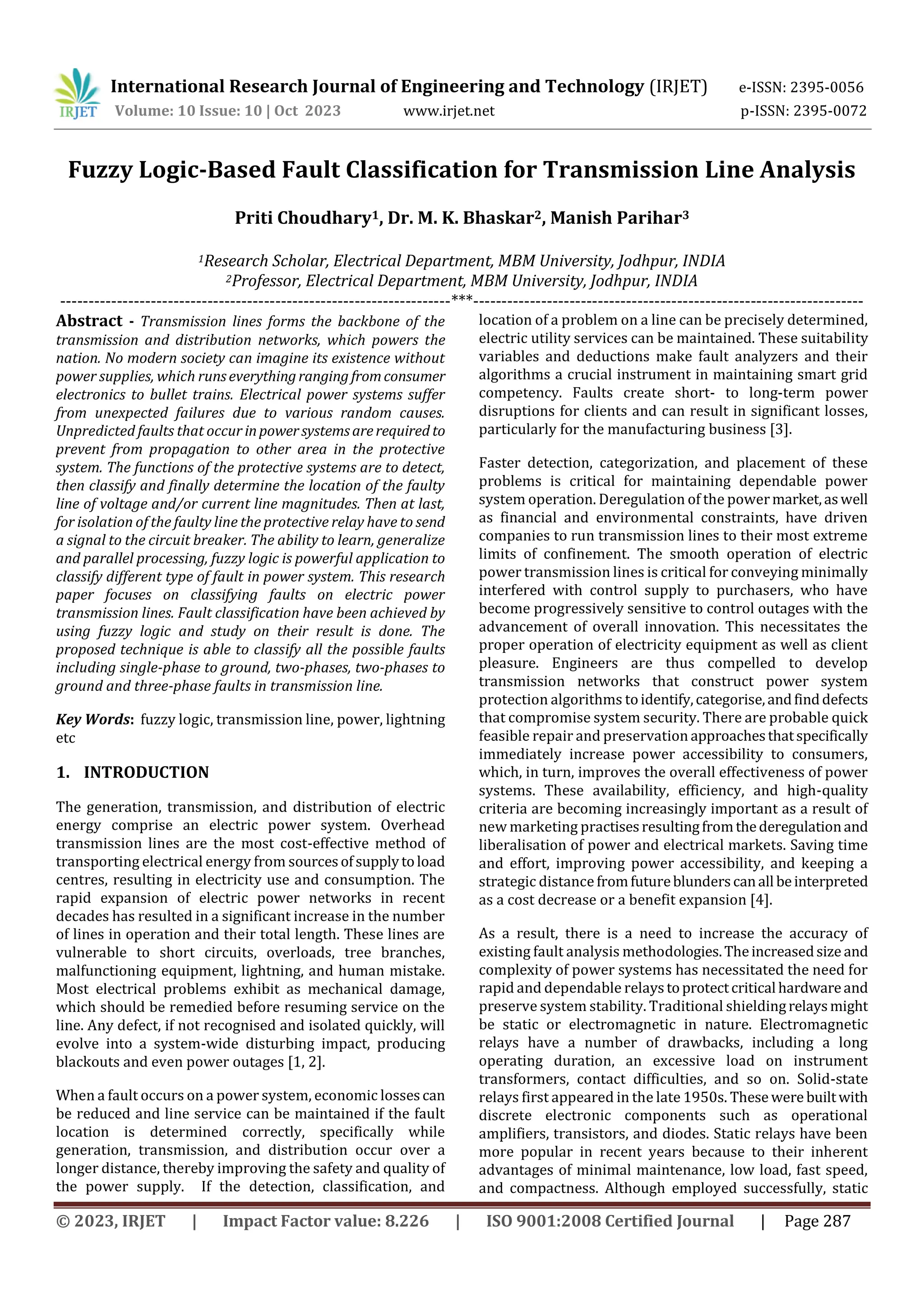 Fuzzy Logic-Based Fault Classification for Transmission Line Analysis | PDF