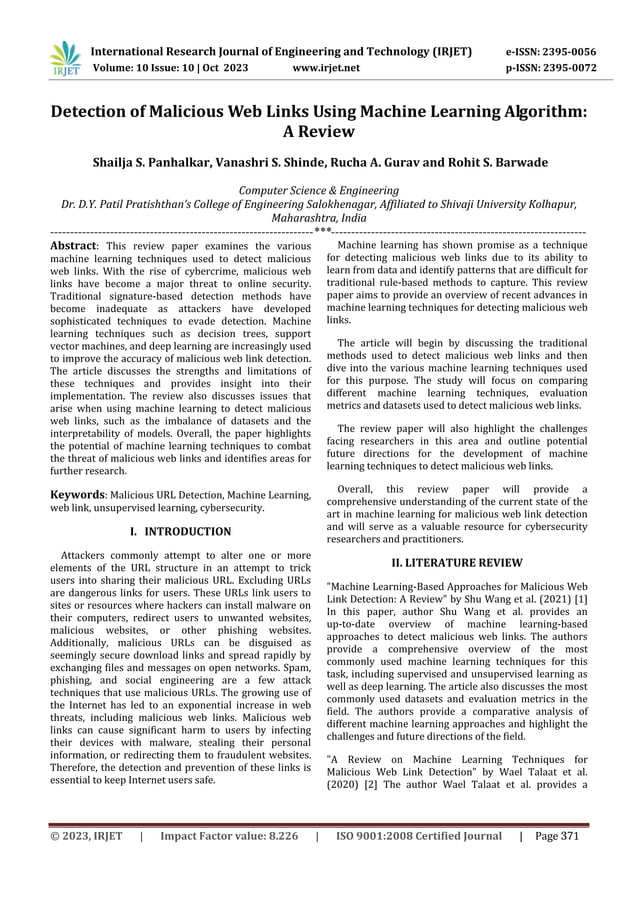 Detection of Malicious Web Links Using Machine Learning Algorithm: A Review | PDF