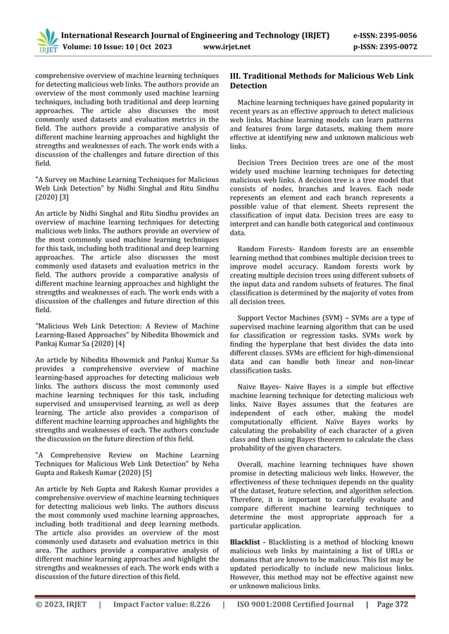 Detection of Malicious Web Links Using Machine Learning Algorithm: A Review | PDF