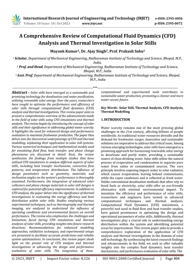 A Comprehensive Review of Computational Fluid Dynamics (CFD) Analysis and Thermal Investigation ...