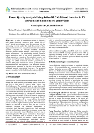 Power Quality Analysis Using Active NPC Multilevel inverter in PV sourced stand alone micro grid ...