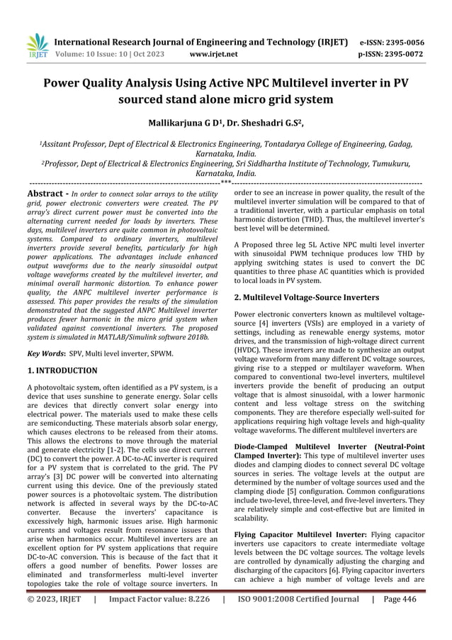 Power Quality Analysis Using Active Npc Multilevel Inverter In Pv Sourced Stand Alone Micro Grid