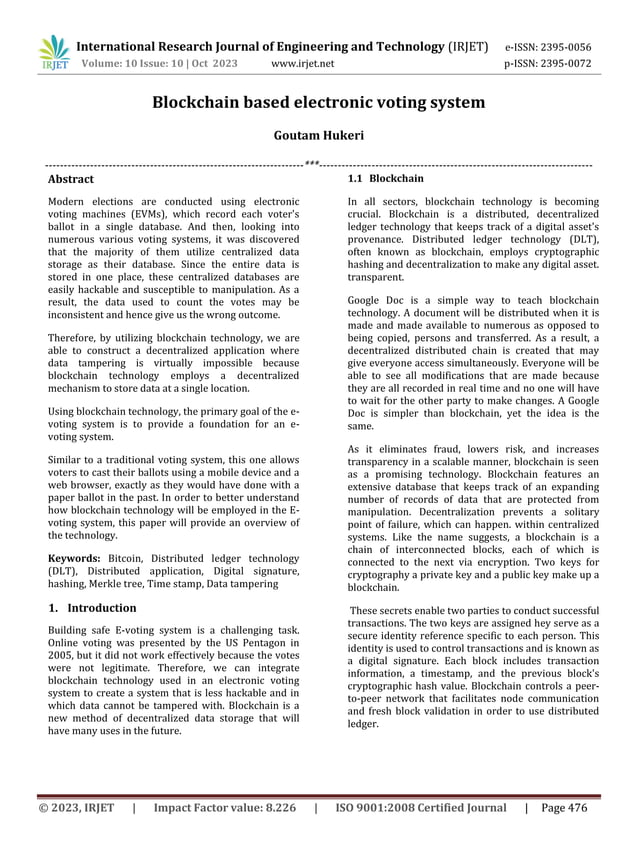 Blockchain based electronic voting system | PDF