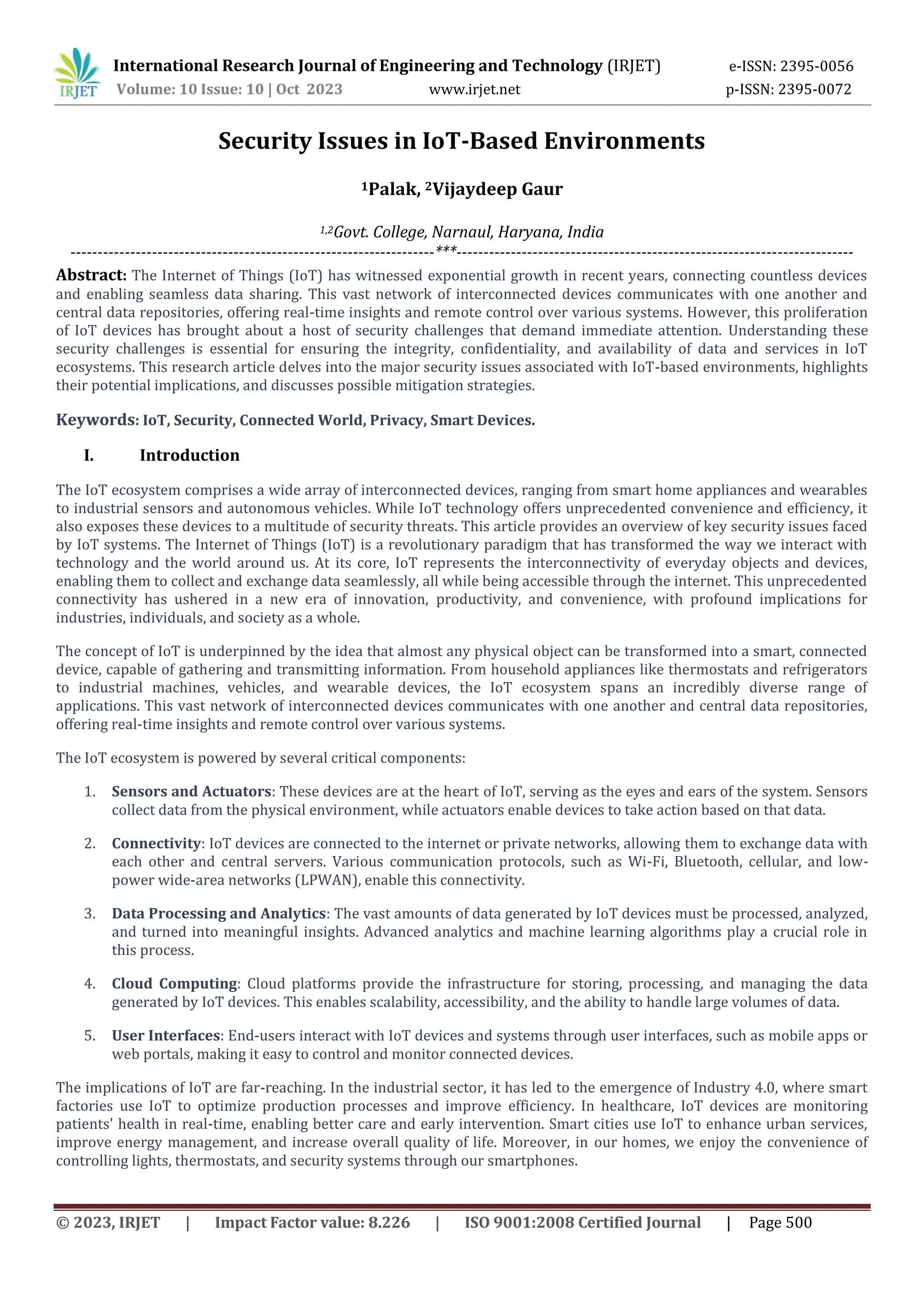 Security Issues in IoT-Based Environments | PDF