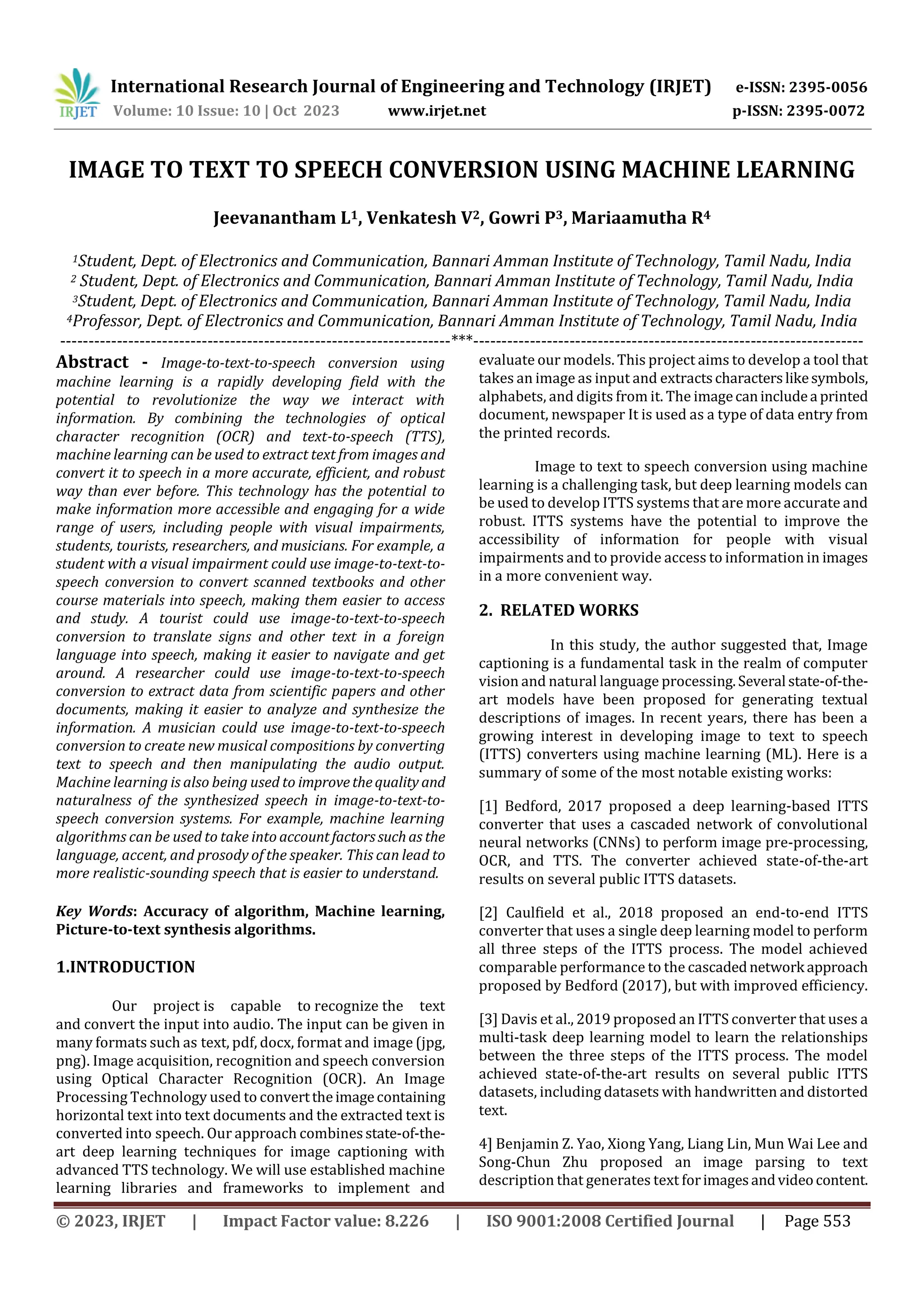 IMAGE TO TEXT TO SPEECH CONVERSION USING MACHINE LEARNING | PDF