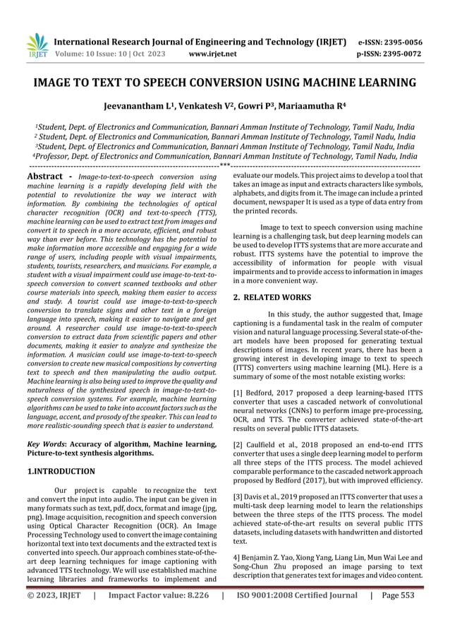 IMAGE TO TEXT TO SPEECH CONVERSION USING MACHINE LEARNING | PDF
