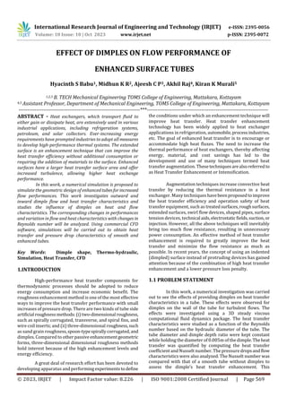 EFFECT OF DIMPLES ON FLOW PERFORMANCE OF ENHANCED SURFACE TUBES | PDF