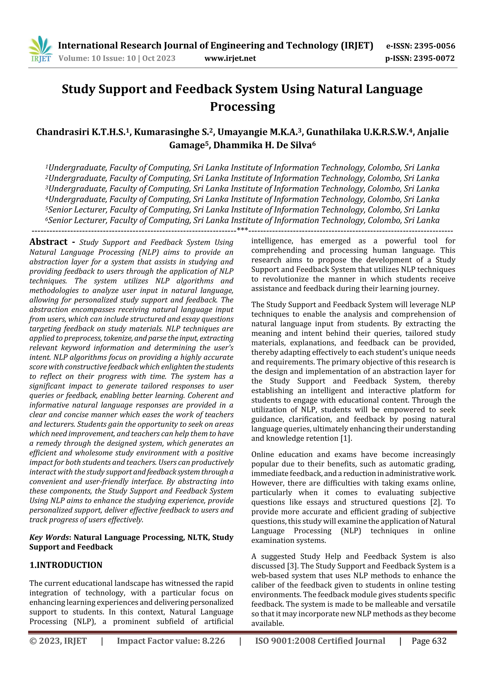Study Support and Feedback System Using Natural Language Processing | PDF