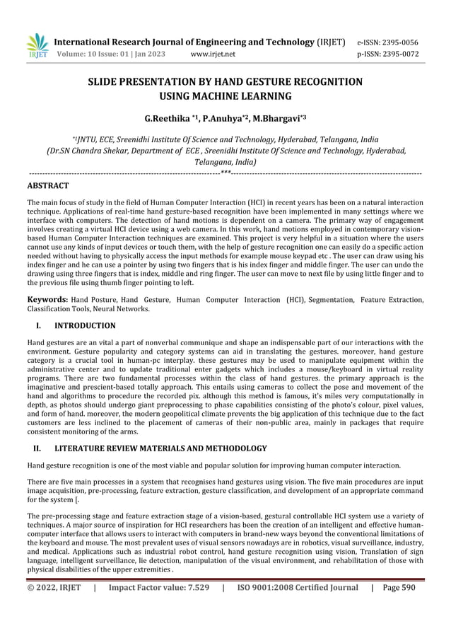 SLIDE PRESENTATION BY HAND GESTURE RECOGNITION USING MACHINE LEARNING | PDF
