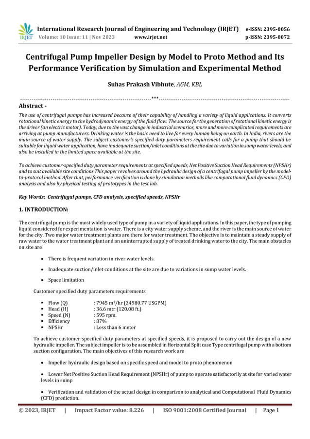 Centrifugal Pump Impeller Design by Model to Proto Method and Its ...
