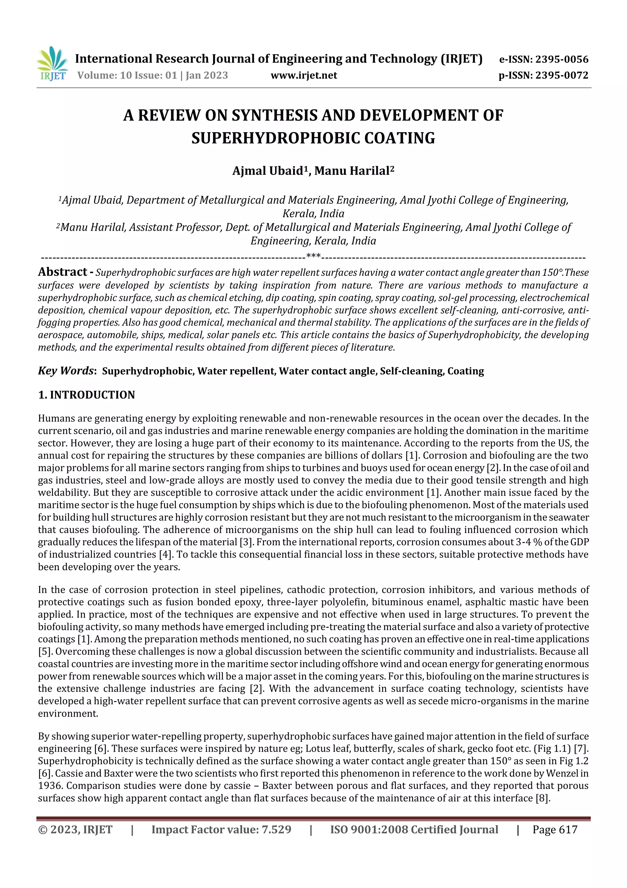 A REVIEW ON SYNTHESIS AND DEVELOPMENT OF SUPERHYDROPHOBIC COATING | PDF