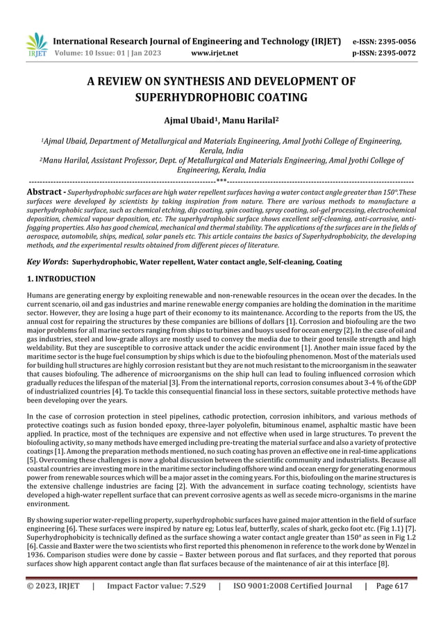 A REVIEW ON SYNTHESIS AND DEVELOPMENT OF SUPERHYDROPHOBIC COATING | PDF