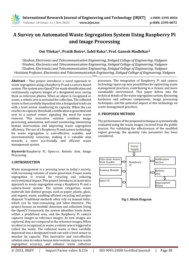 A Survey on Automated Waste Segregation System Using Raspberry Pi and Image Processing | PDF
