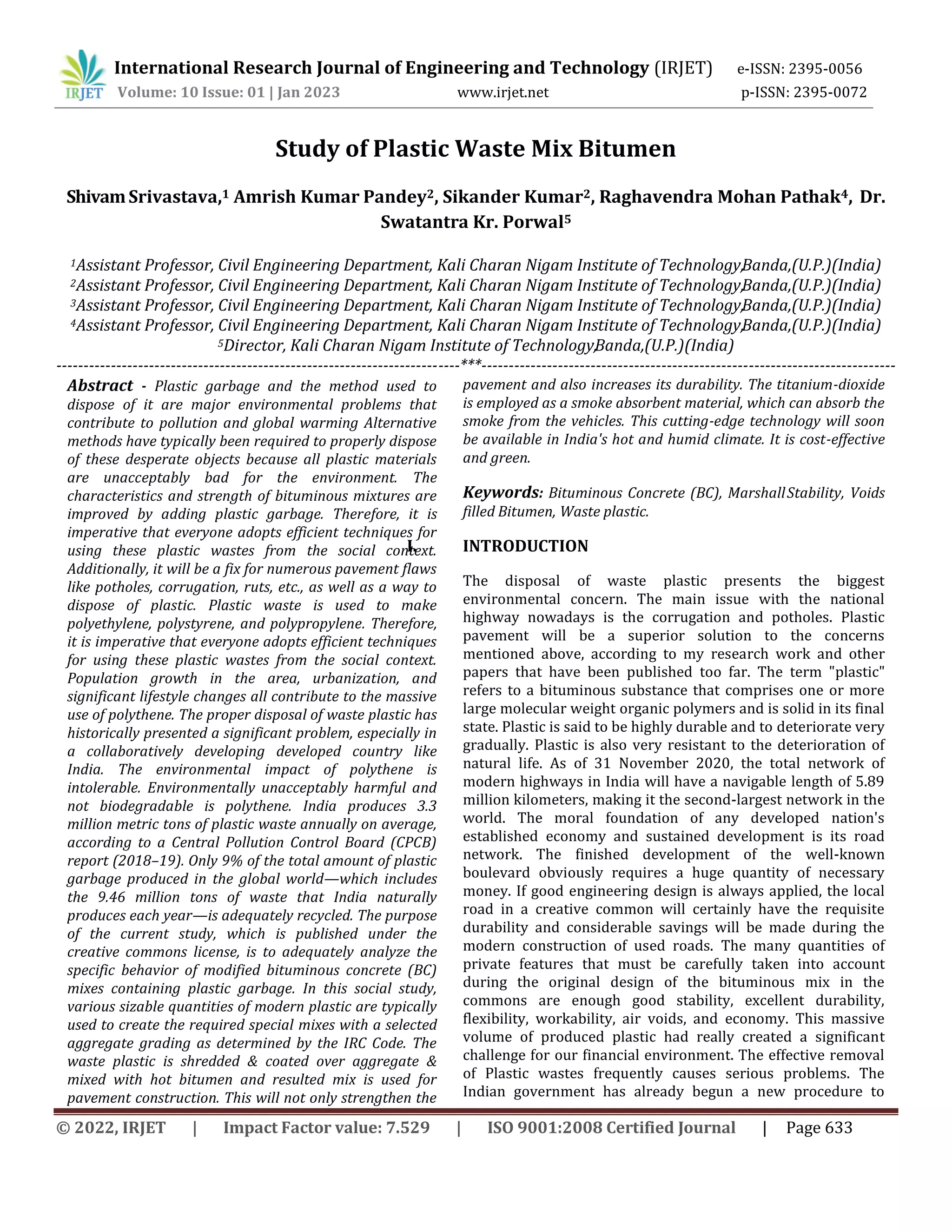 Study of Plastic Waste Mix Bitumen | PDF
