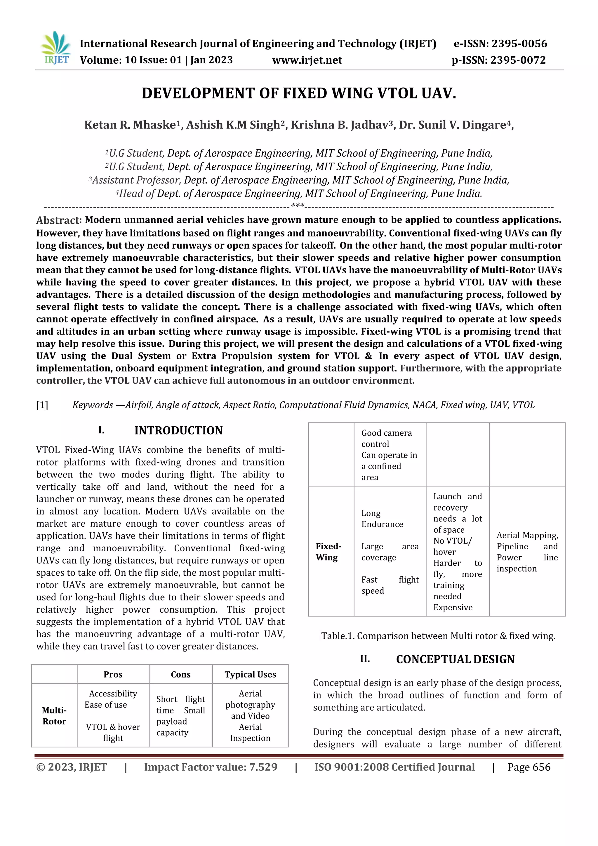 DEVELOPMENT OF FIXED WING VTOL UAV. | PDF