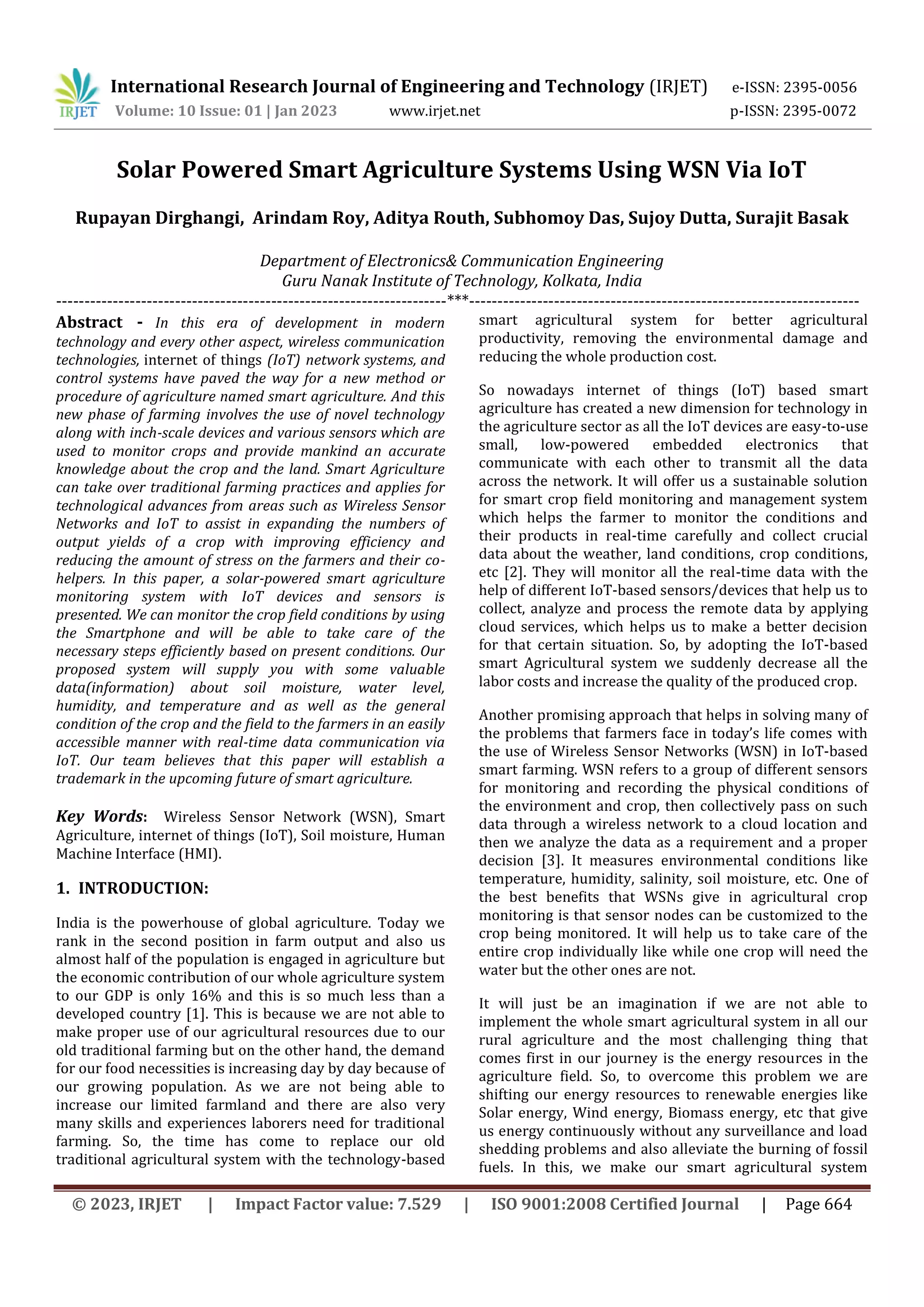 Solar Powered Smart Agriculture Systems Using WSN Via IoT | PDF