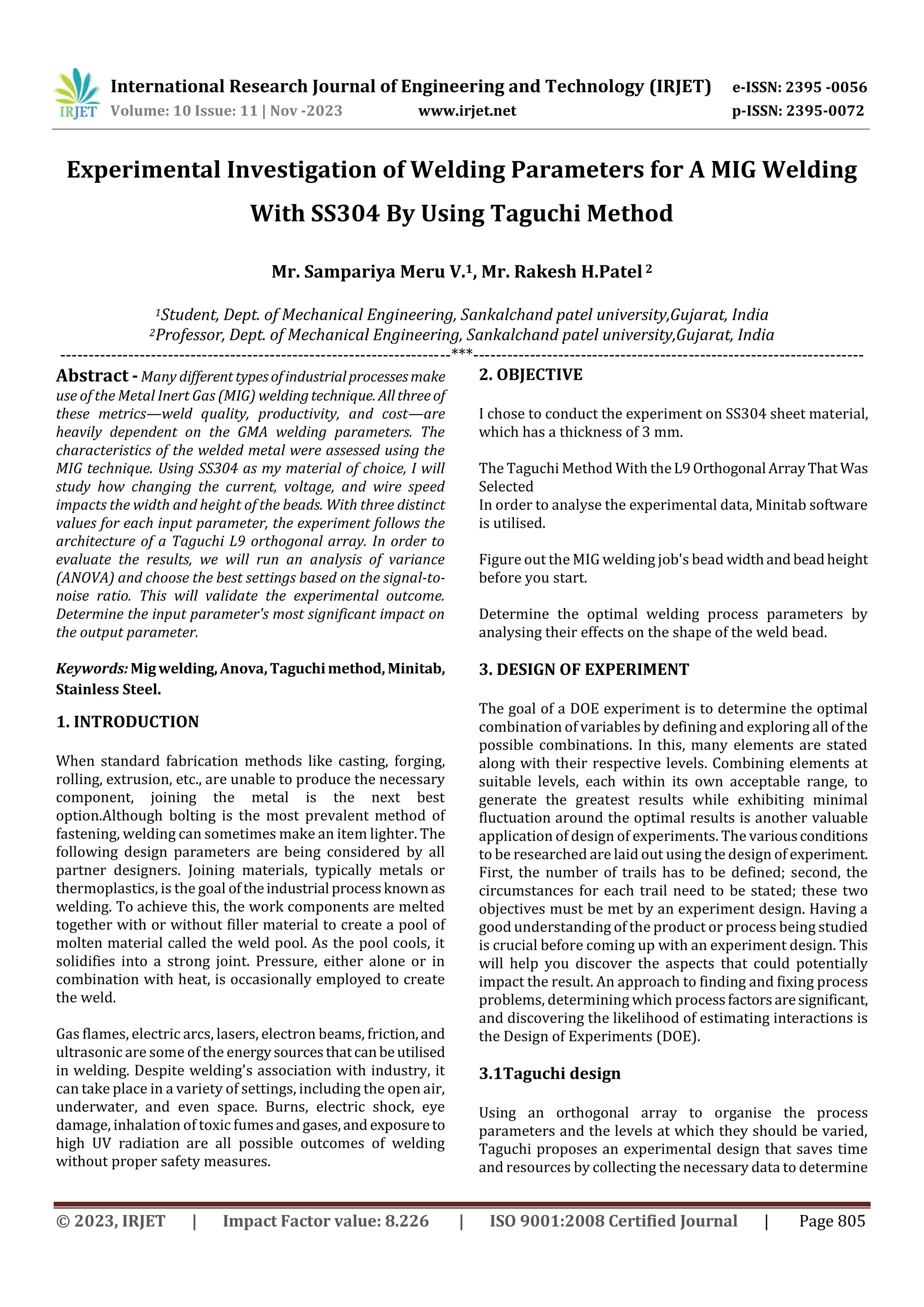 Experimental Investigation of Welding Parameters for A MIG Welding With SS304 By Using Taguchi ...