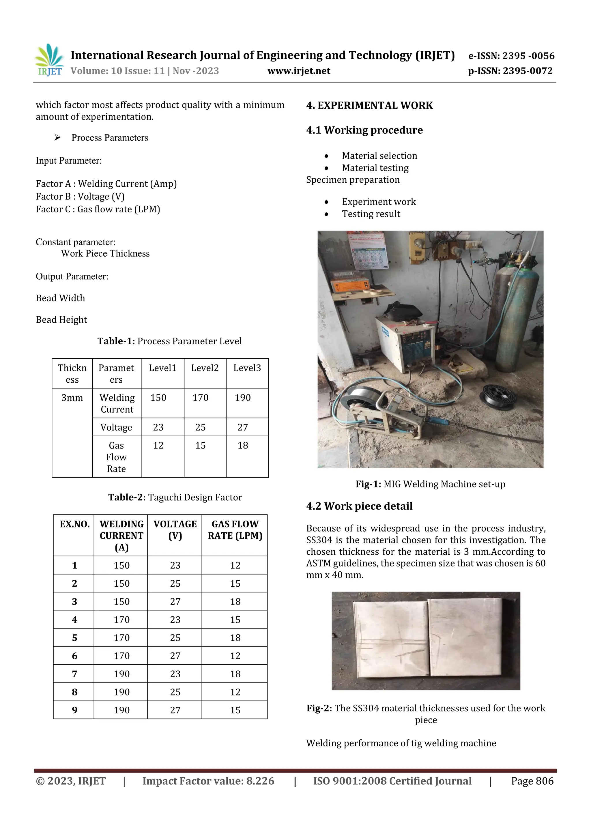 Experimental Investigation of Welding Parameters for A MIG Welding With SS304 By Using Taguchi ...