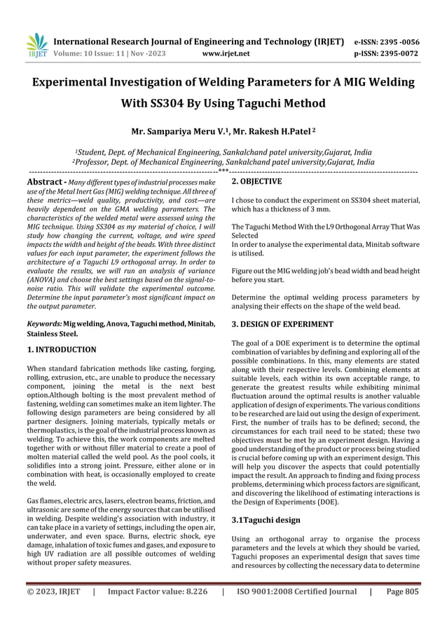 Experimental Investigation of Welding Parameters for A MIG Welding With SS304 By Using Taguchi ...