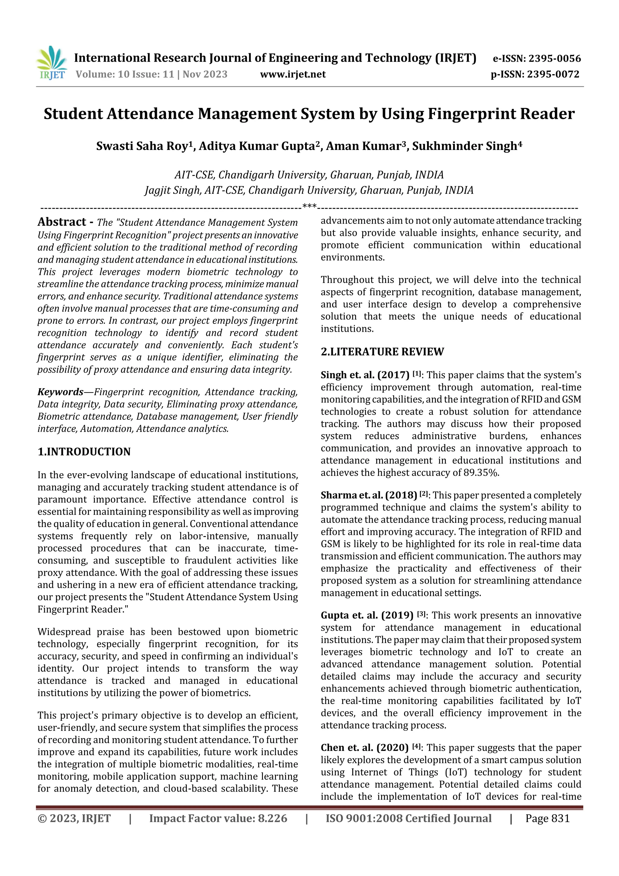 Student Attendance Management System by Using Fingerprint Reader | PDF