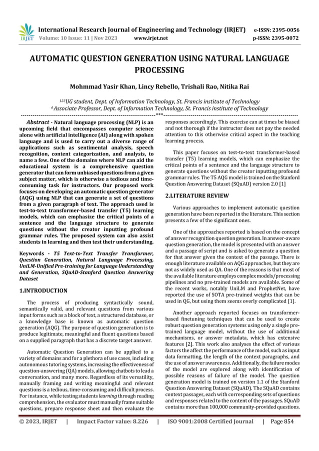 AUTOMATIC QUESTION GENERATION USING NATURAL LANGUAGE PROCESSING | PDF
