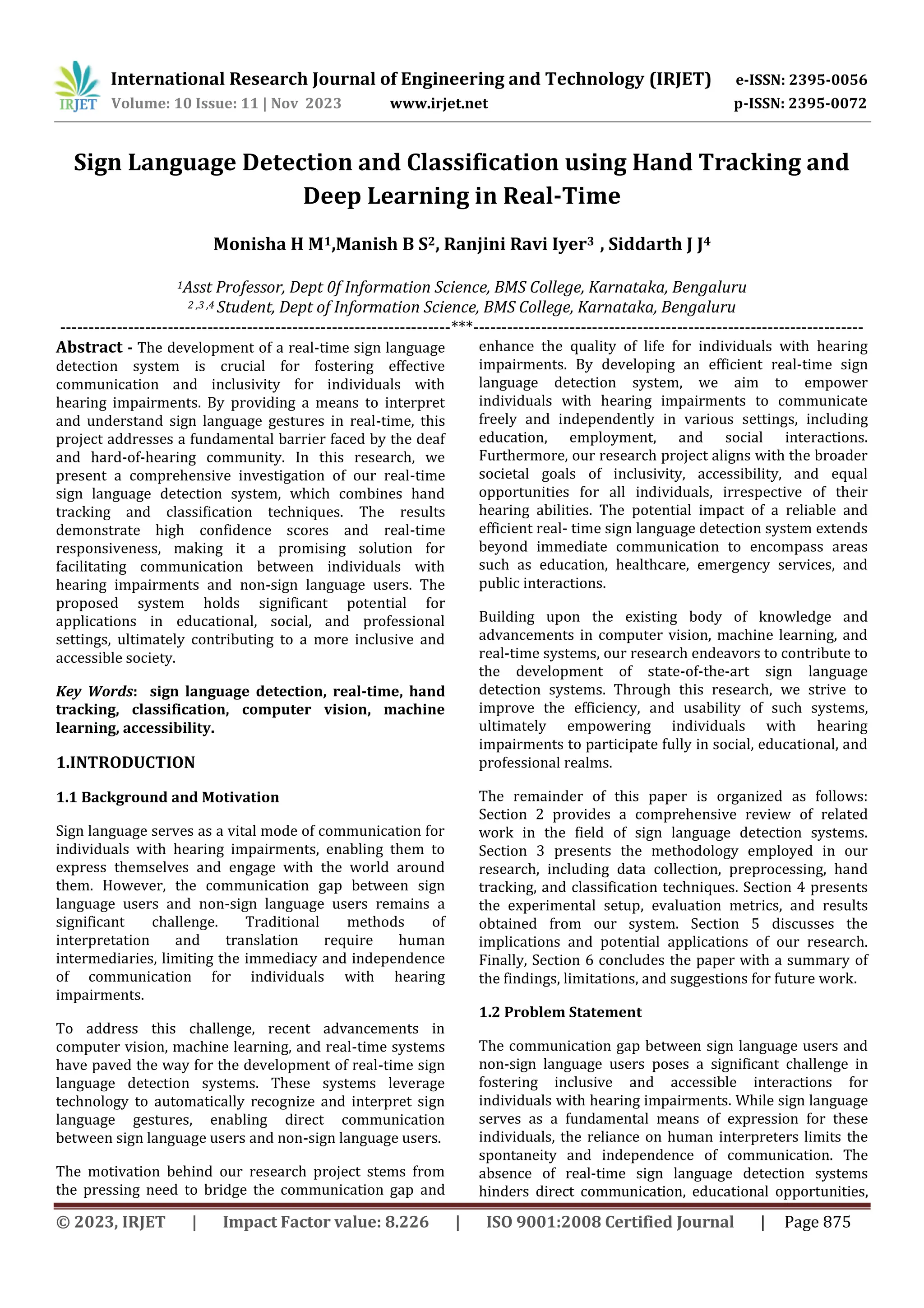 Sign Language Detection And Classification Using Hand Tracking And Deep Learning In Real Time Pdf