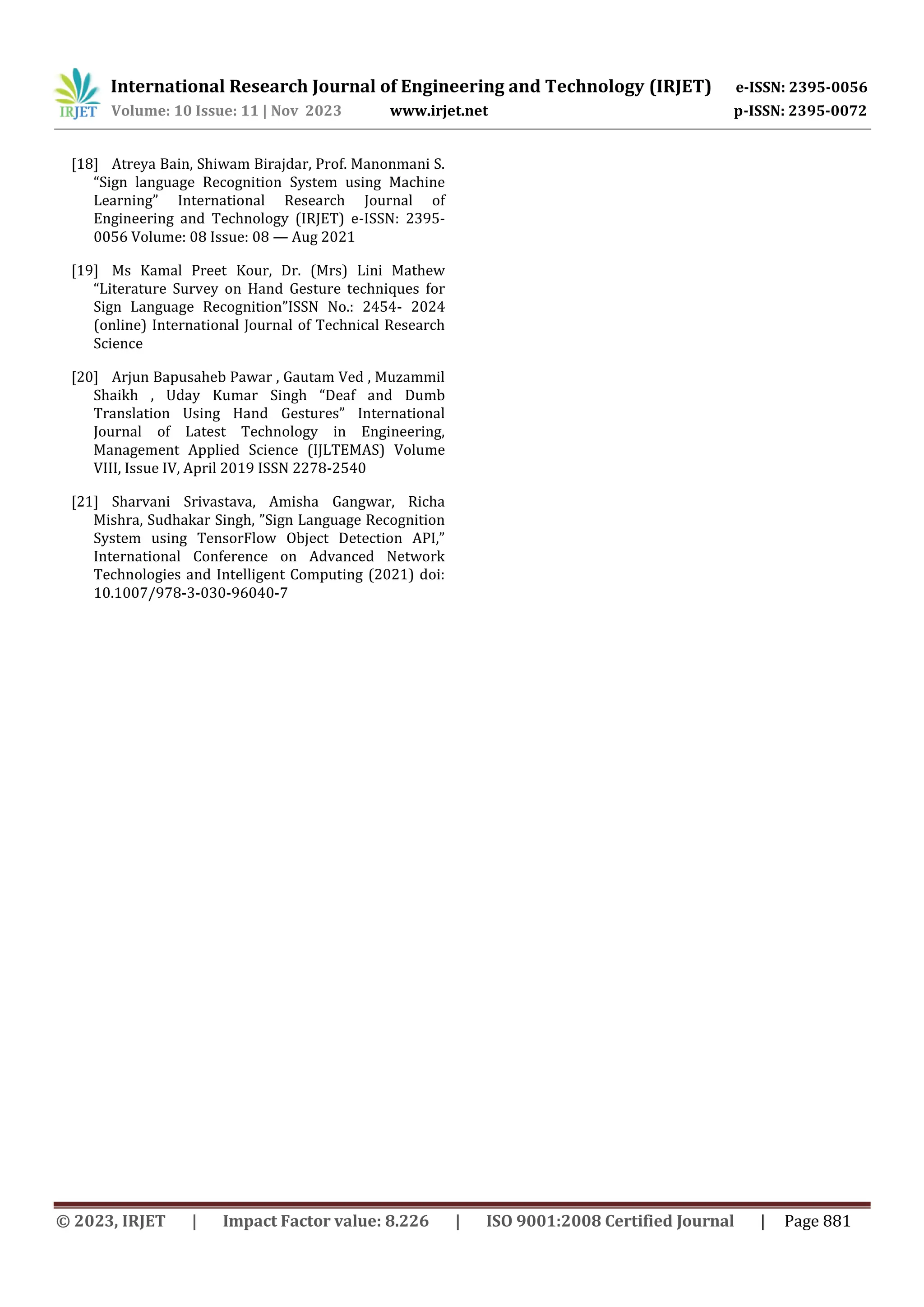 Sign Language Detection and Classification using Hand Tracking and Deep Learning in Real-Time | PDF