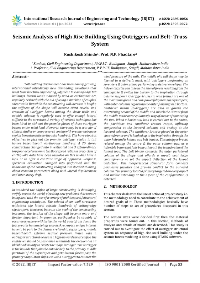 Seismic Analysis of High Rise Building Using Outriggers and Belt- Truss System | PDF