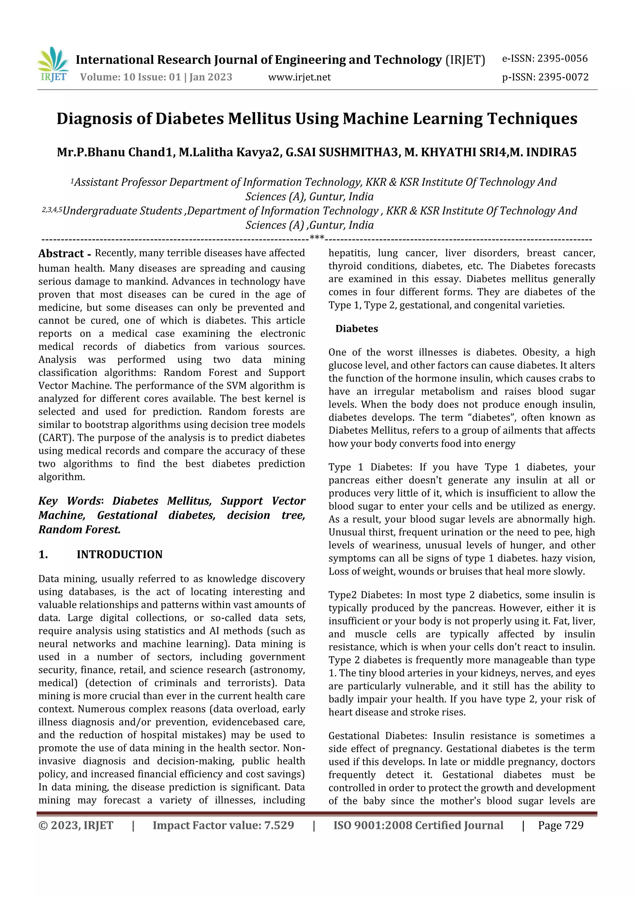 Diagnosis of Diabetes Mellitus Using Machine Learning Techniques | PDF