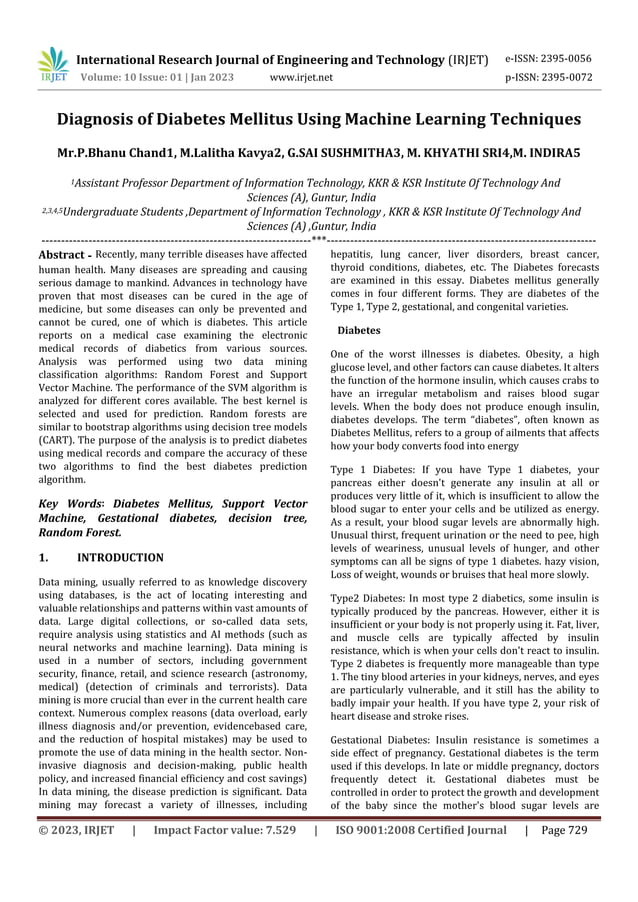 Diagnosis of Diabetes Mellitus Using Machine Learning Techniques | PDF