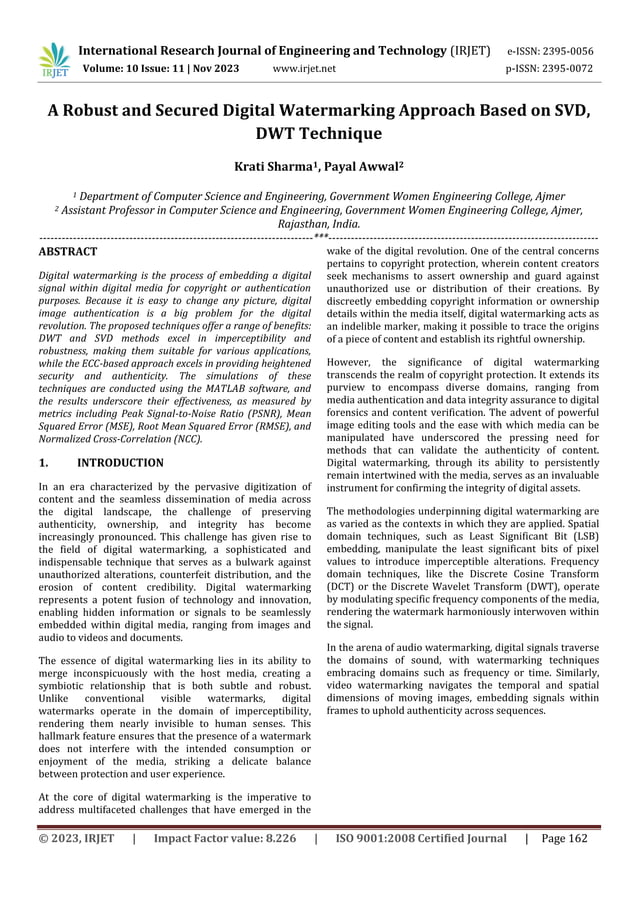 A Robust And Secured Digital Watermarking Approach Based On Svd Dwt Technique Pdf