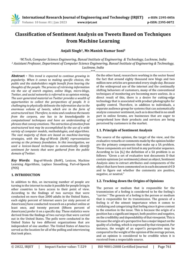 Classification of Sentiment Analysis on Tweets Based on Techniques from Machine Learning | PDF