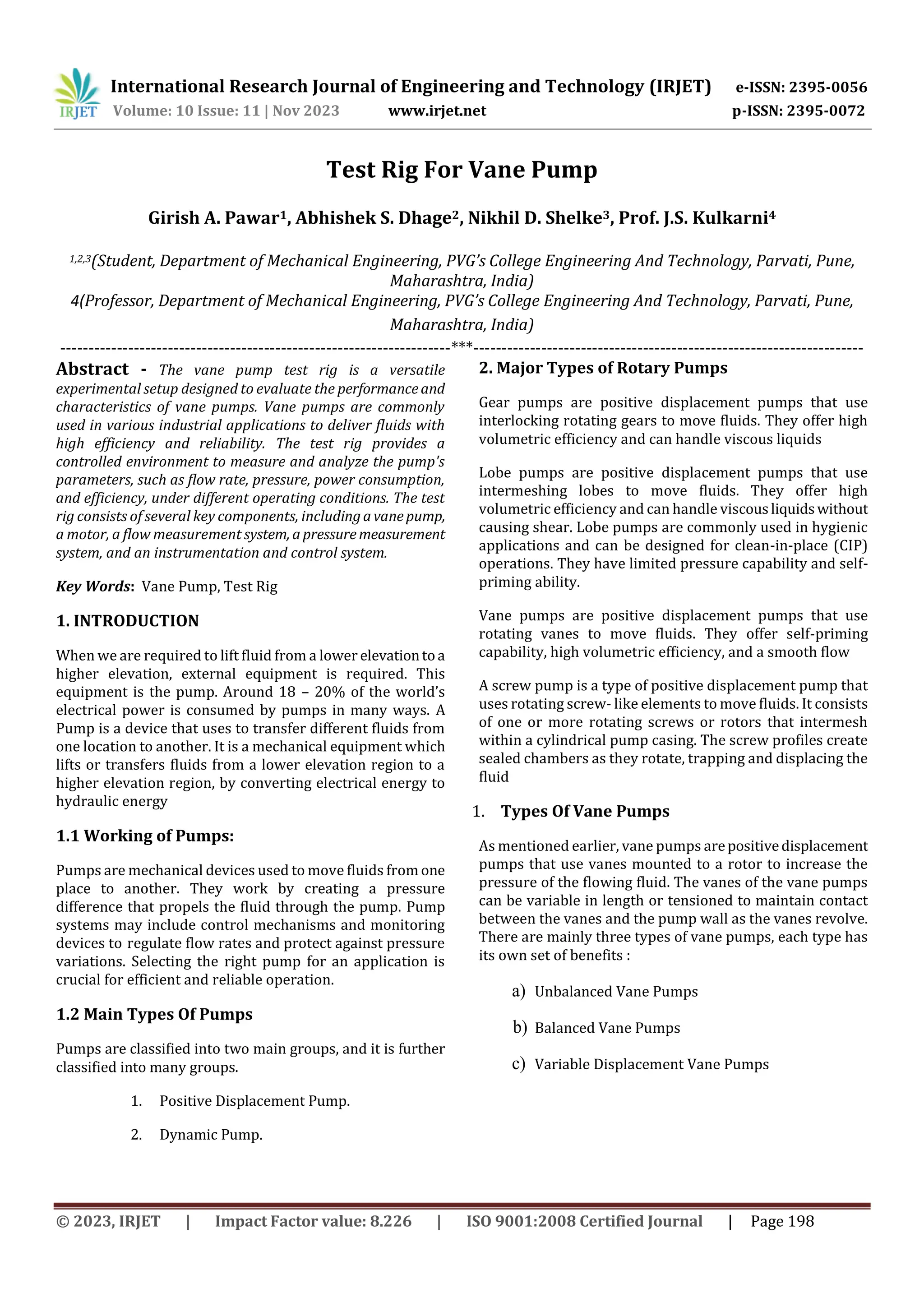 Test Rig For Vane Pump | PDF