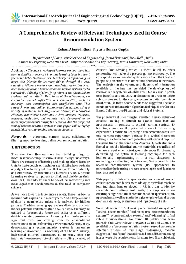 A Comprehensive Review of Relevant Techniques used in Course ...