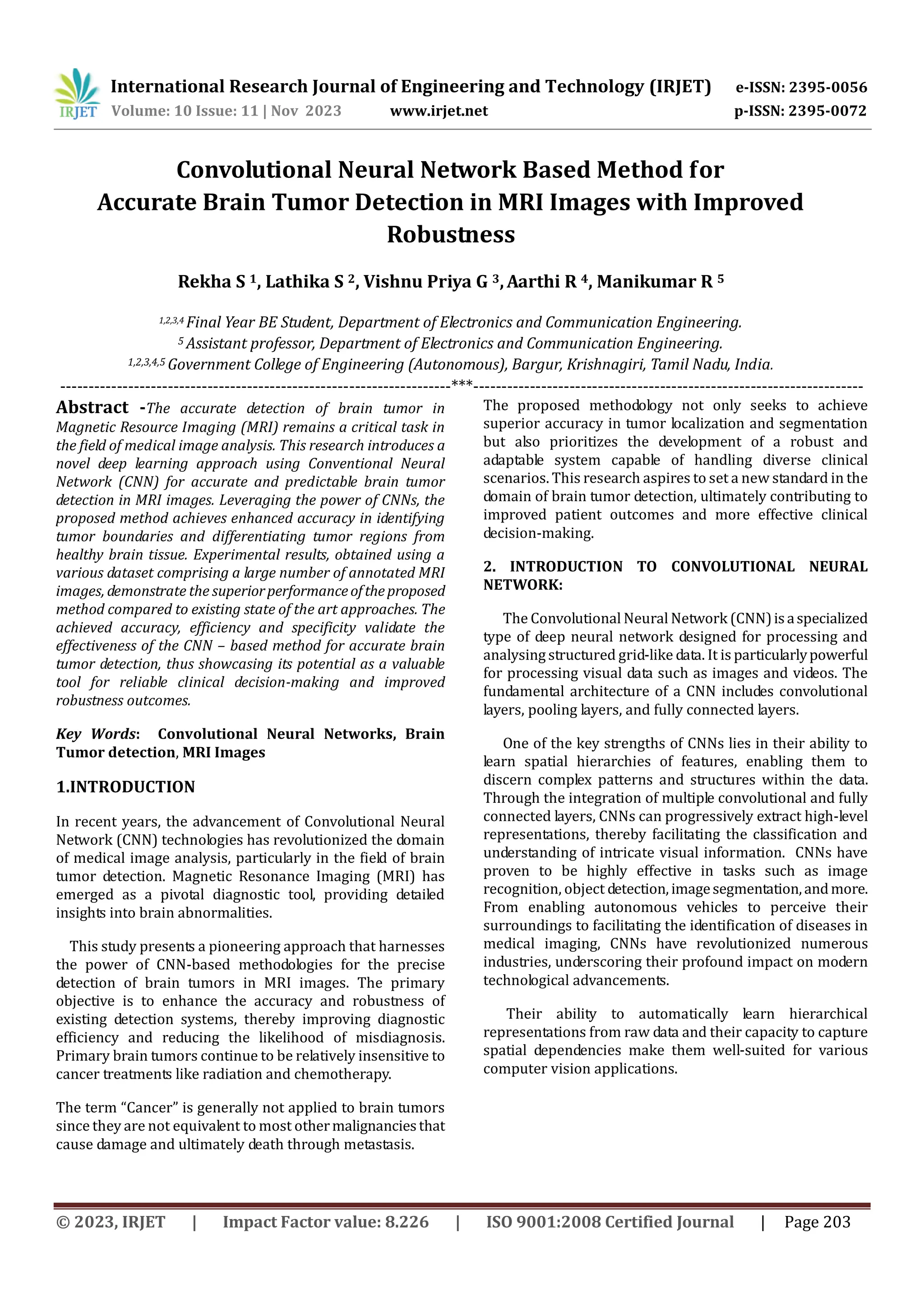 Convolutional Neural Network Based Method For Accurate Brain Tumor Detection In Mri Images With